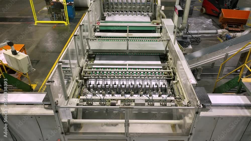 Production of office paper. The machine cuts paper into A4 sheets Stock ...