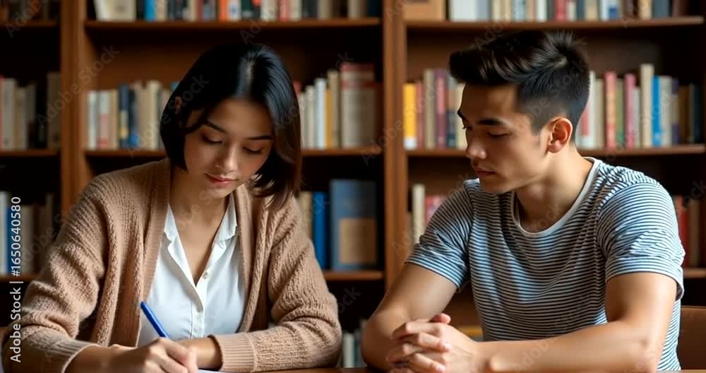 Two students studying together in a library with bookshelves Stock ...