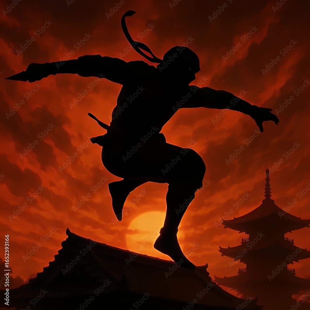 Ninja with Kunai Dagger Leaping from Temple Roof Against Fiery Sunset ...