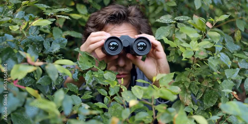 Peeping tom with binoculars is hiding in a bush and stalking someone ...