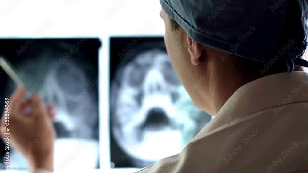 Radiographer doctor analyzes a skull injury on x-ray scan. Radiologist ...