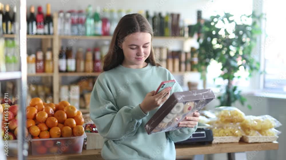 Teenage girl buyer scanning qr code for sweet cookies in grocery store ...
