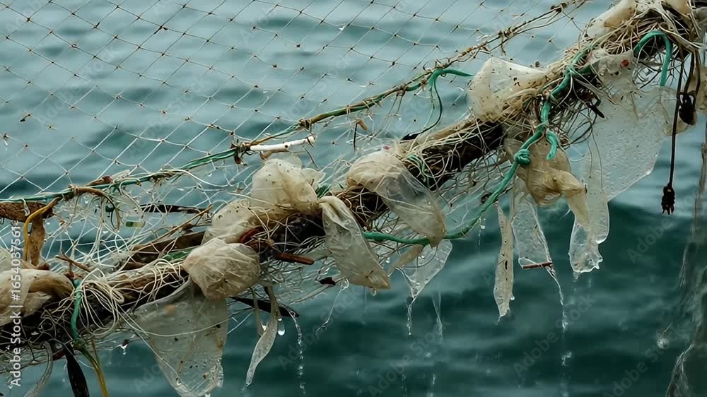 Marine debris entangled in netting over water, highlighting pollution ...