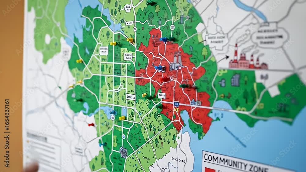 Detailed map with color-coded sections & pushpins affixed to a wall ...