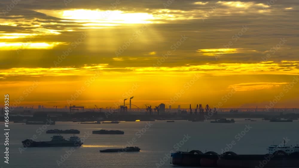 Sunset over container ship import export business commercial port in ...