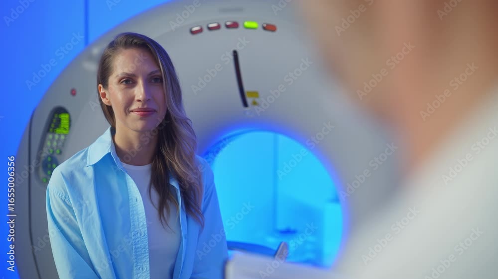 Doctor talking to patient before MRI. Portrait patient talking about ...
