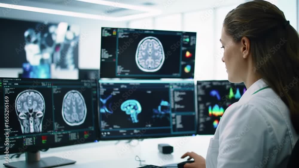 Female doctor analyzing brain mri scans on multiple monitors. Medical ...