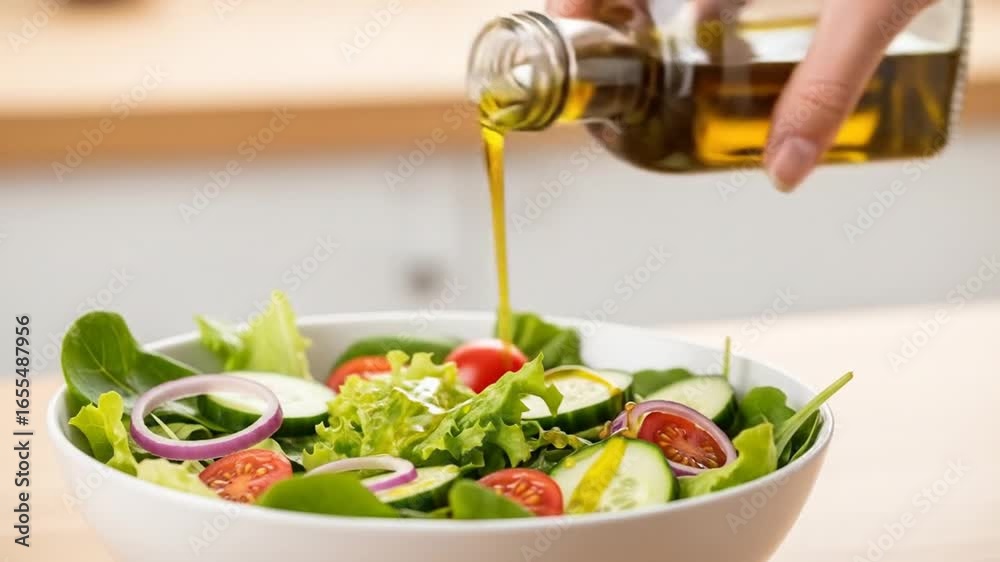 The process of creating and pouring olive oil dressing on a fresh salad ...