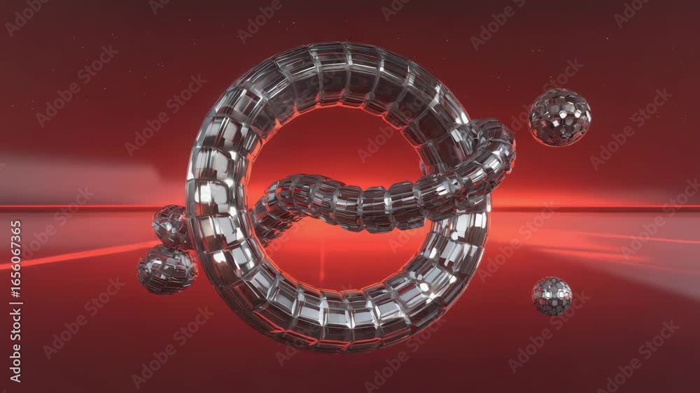 Complex metallic segmented torus rotating in empty red space with ...