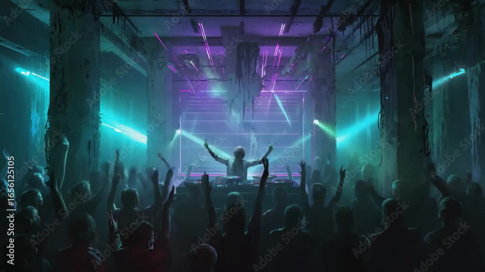 Dj is mixing music on stage with raised arms and cheering crowd in ...