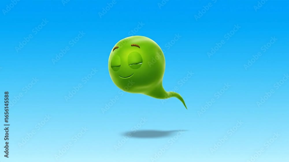 Animated Green Tadpole Character Floating Cheerfully Against Blue ...