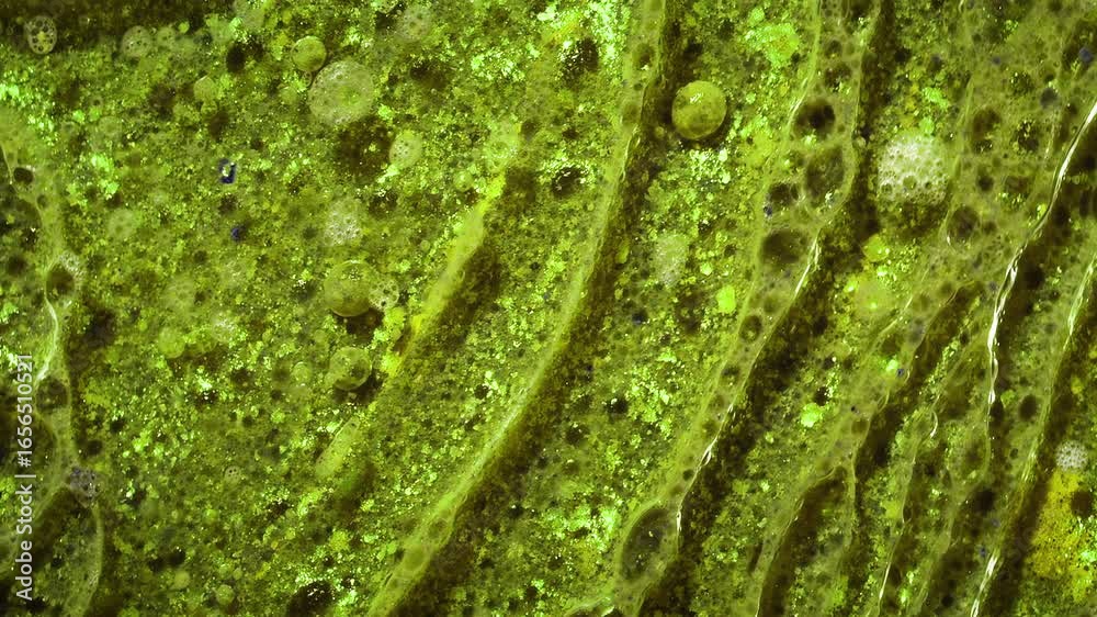Glistening green sludge flows slowly with uneven bubbles and streaked ...