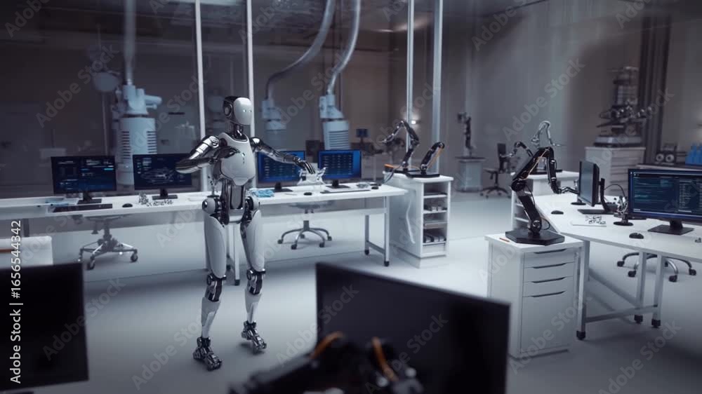 Humanoid robot dancing dynamically within high tech laboratory, demonstrating advanced ...
