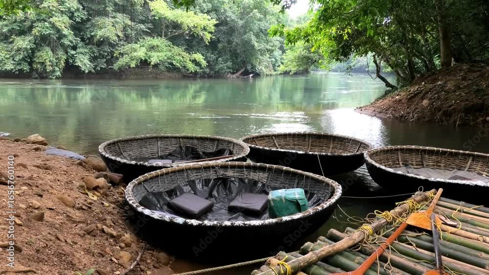 Coracle boats moored on the banks of Kallar river at Adavi ...
