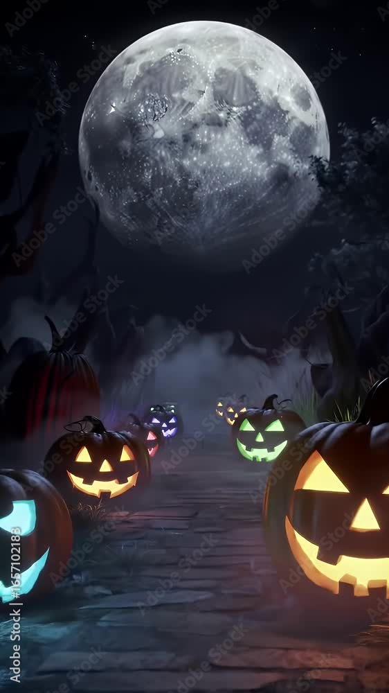 Full Moon Over Dark Halloween Night Path Lined with Spooky Glowing Jack ...