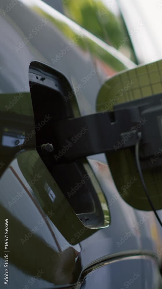 Vertical video Close up of driver opening electric vehicle charging ...