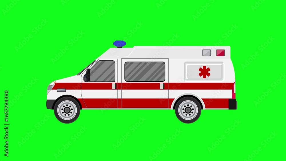 Ambulance animation with the siren turned on. Green screen, 4K, HD ...