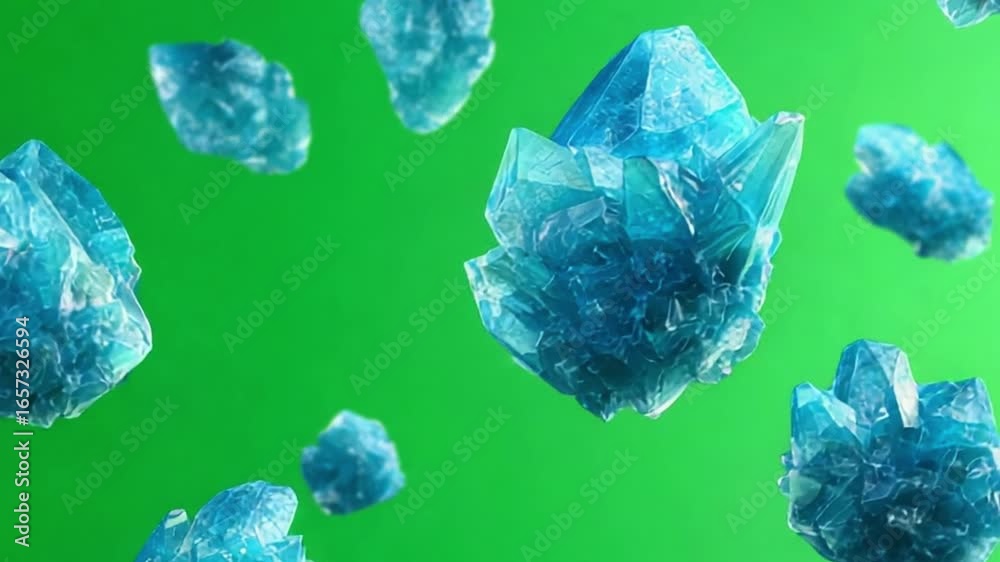 Vibrant blue crystal formations floating against a bright green ...