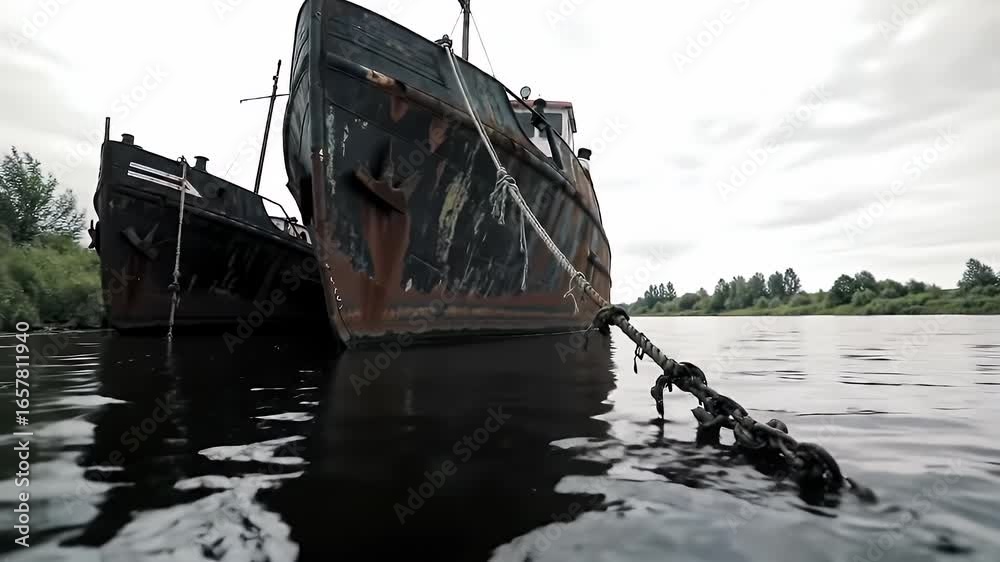 Two Rusted Ship Hulls Connected by Chain in Overcast Weather at Water ...