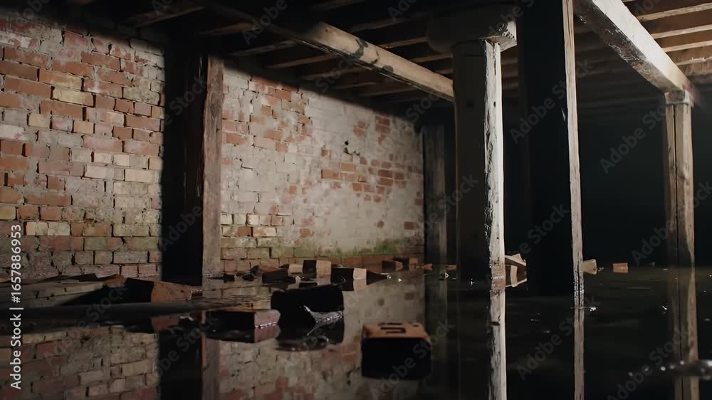 Dilapidated Red Brick Basement with Wooden Support Beams and ...