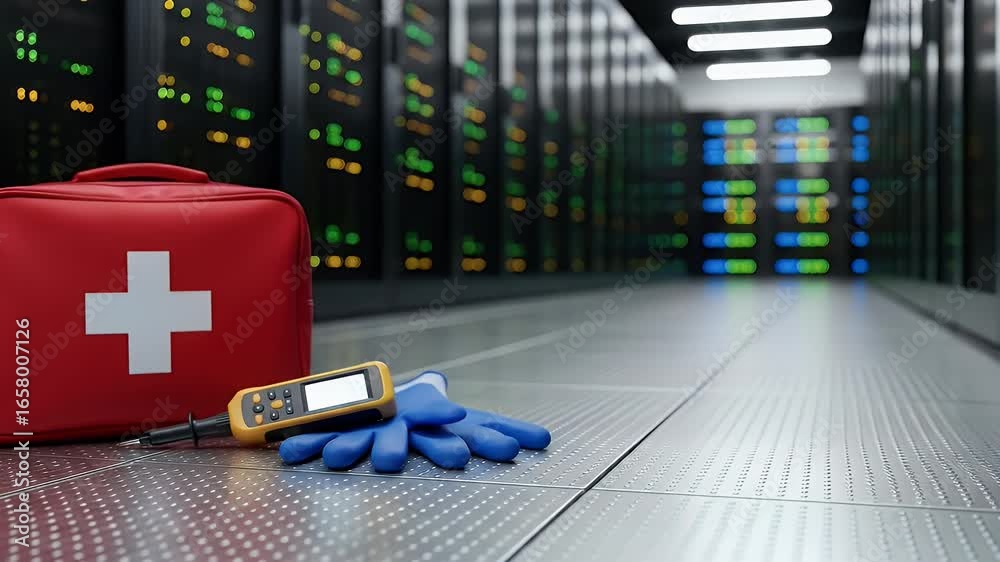 First aid kit and tools in a server room server room safety equipment ...