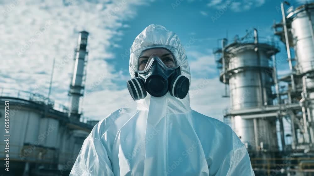 Safety-conscious industrial employee wearing a full-body hazmat suit at ...