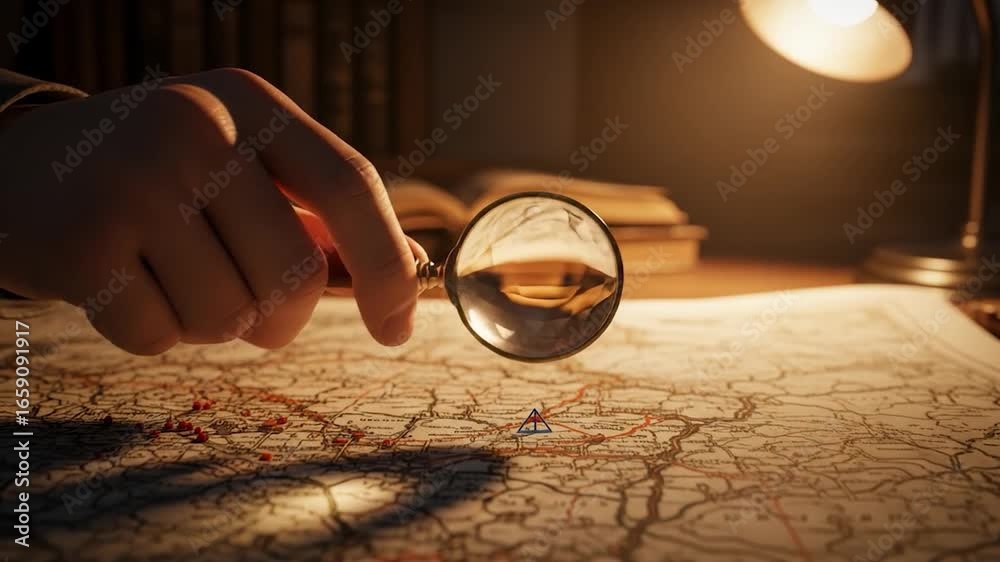 Magnifying Glass Over Detailed Map with Red Markers and Blue Triangle ...