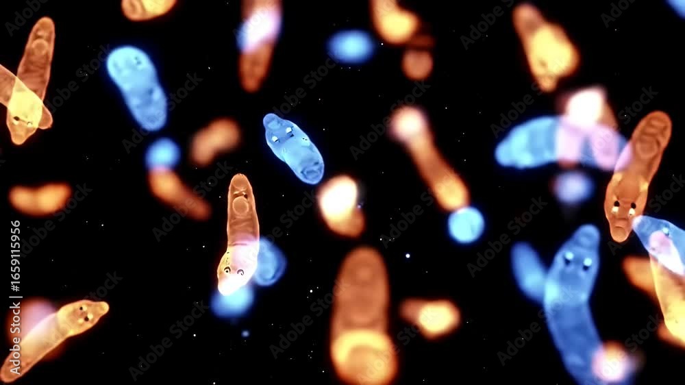 Microscopic Tadpole Like Organisms Floating in a Black Background ...