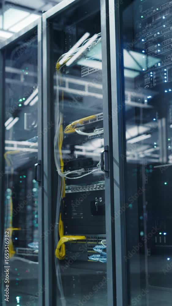 Vertical Screen: Data Center Storage Facility with Server Cabinets in a Workplace Without People ...