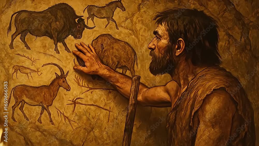 Ancient Caveman Touching Prehistoric Animal Cave Paintings. Stone Age ...