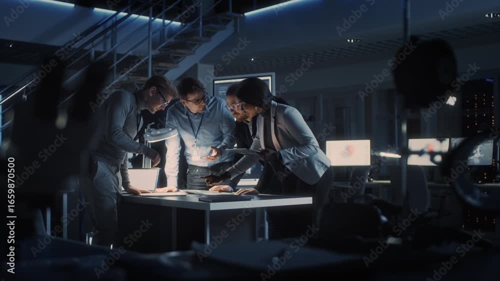 Team of Engineers Gathers Around a Table in an Office, Reviewing ...