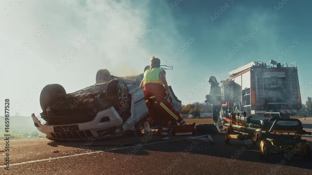 On the Car Crash Traffic Accident Scene: Paramedics and Firefighters ...