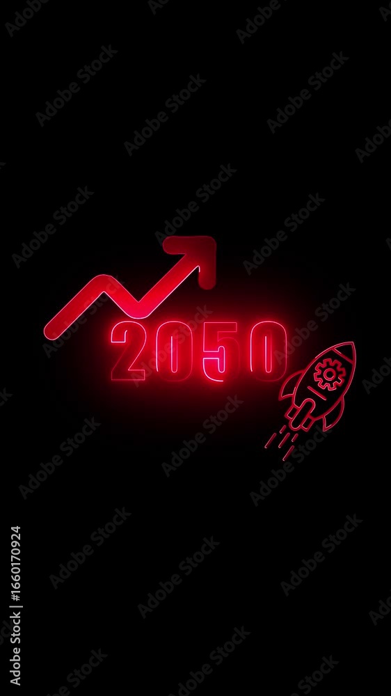 Neon red graph arrow pointing up next to year 2050 and rocket ship with ...