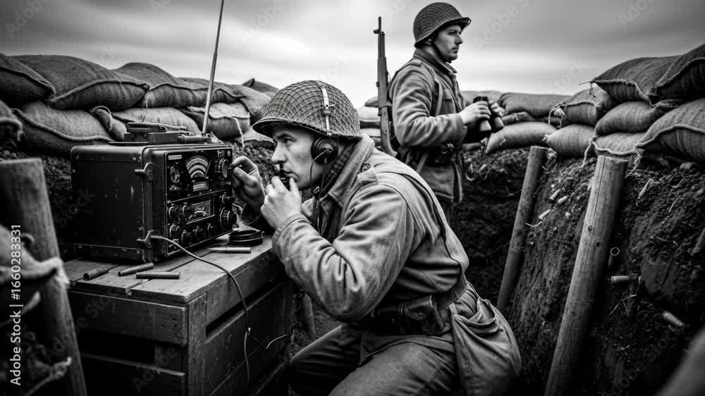 World War II Soldiers Communicating in Trench - Two soldiers in a World ...