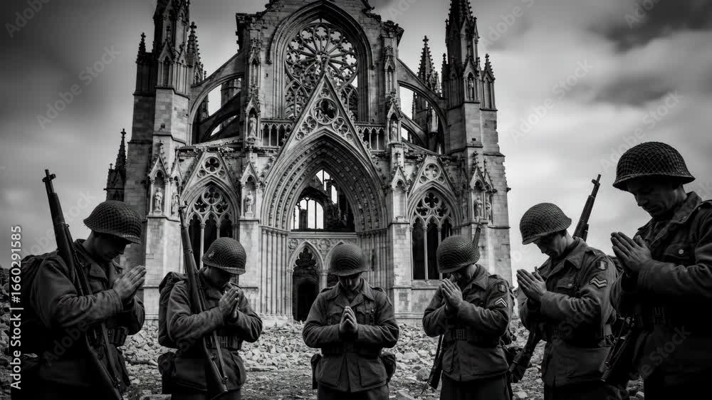 WWII Soldiers Praying Before Ruins - Five World War II soldiers in ...
