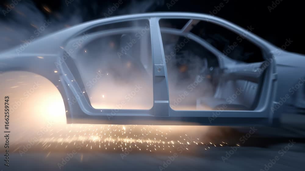 Car chassis sparks and smoke during metal grinding and welding process ...