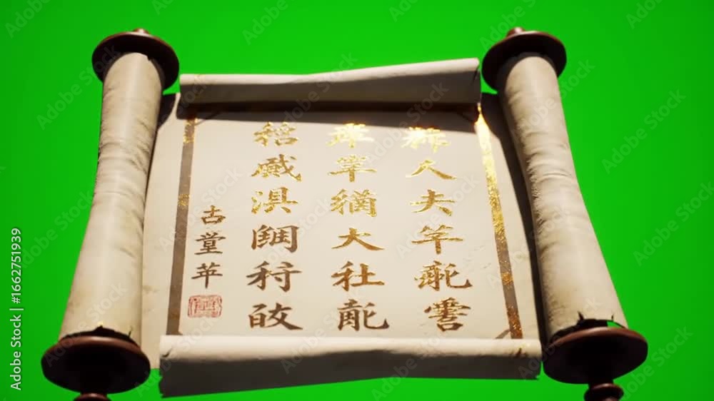 Ancient Chinese Scroll with Golden Characters Unrolling on Green Screen ...