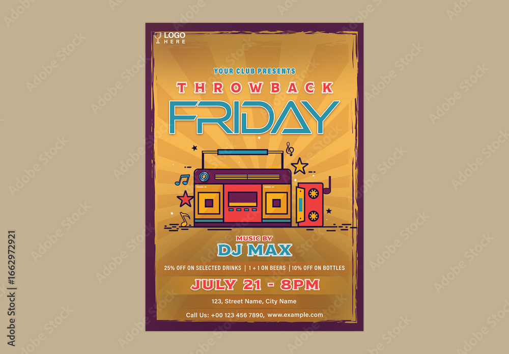 Throwback Friday Party Flyer with Retro Boombox for Club or DJ Event ...