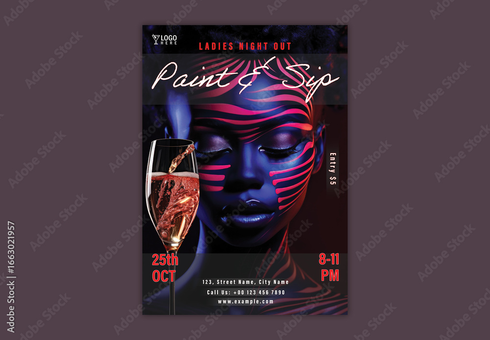 Ladies Night Paint and Sip Flyer with Painted Woman Face Art and ...