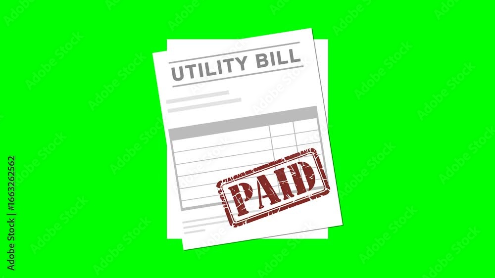 Utility bill form with animated paid stamp seal on green screen ...