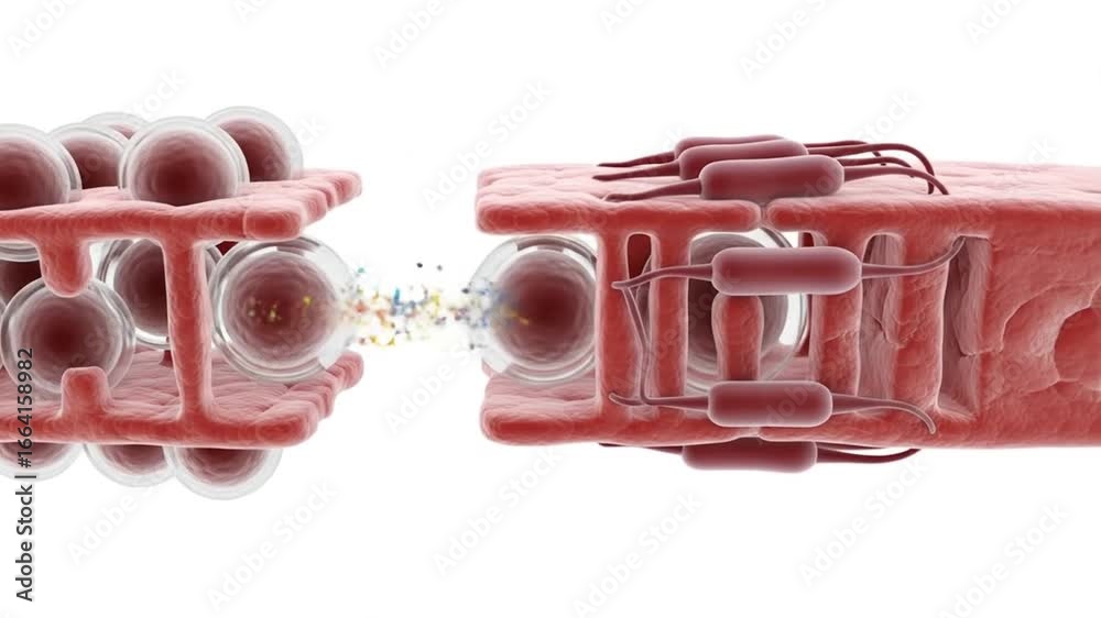 Cross-section of cells showing the release of molecules through a ...