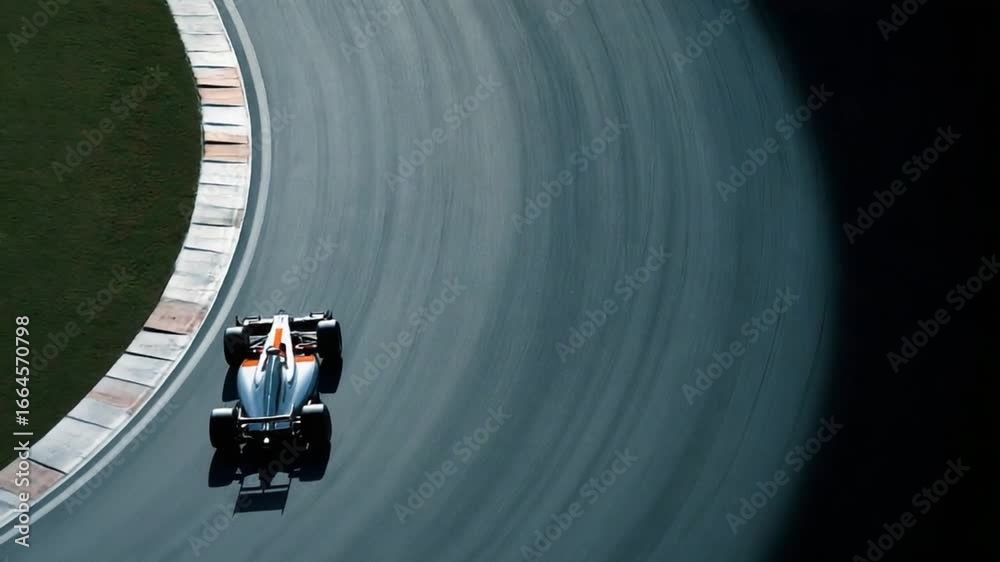 Race Car on Racetrack: A high-speed Formula 1 race car navigates a ...