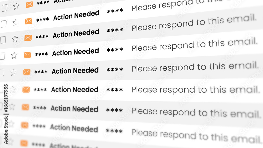 Email notifications with the title of Action Needed isolated on white ...