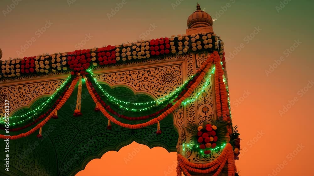 Indias eid milad un nabi ornate archway festive lights flowers crescent ...