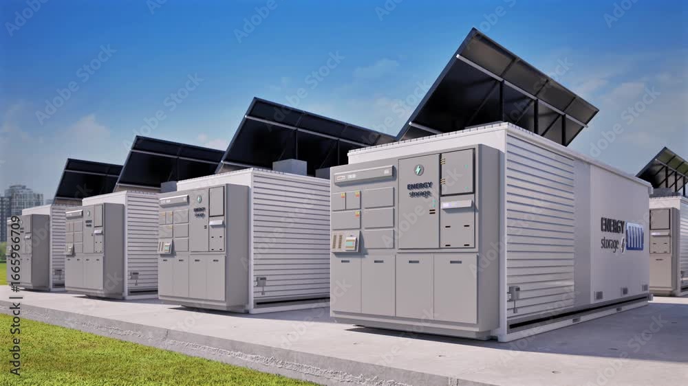 Group of energy storage systems or battery container units with solar ...