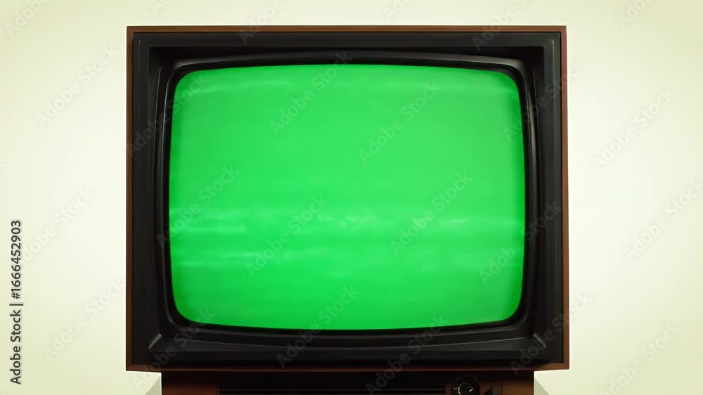 Classic Retro Television with Bright Green Screen and Subtle Static ...