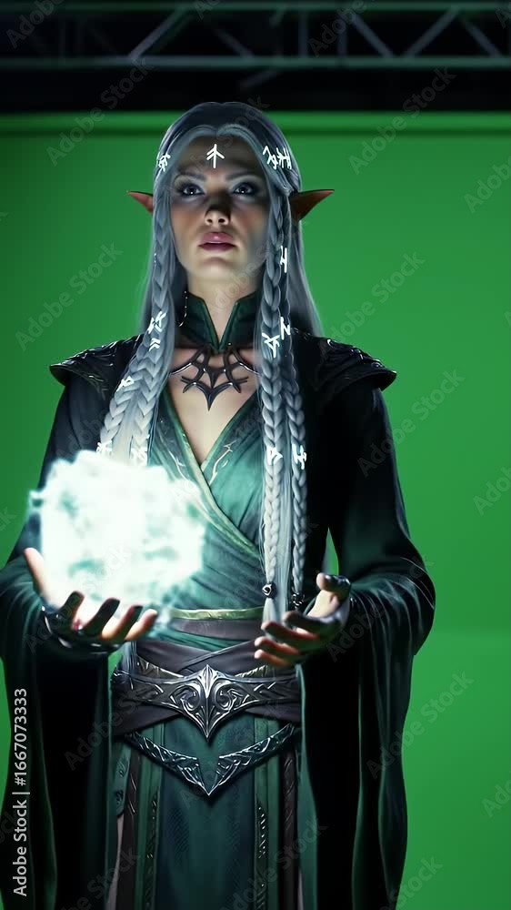 Ethereal Elf in Green Robe Holding Glowing Sphere on Green Screen for ...