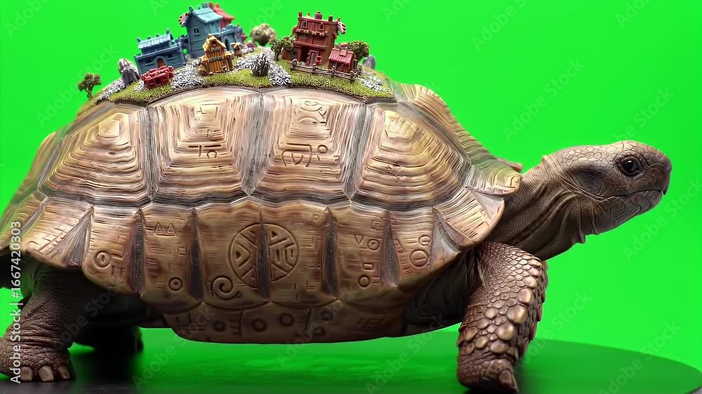 Detailed African Spurred Tortoise with Miniature Village on its Back ...