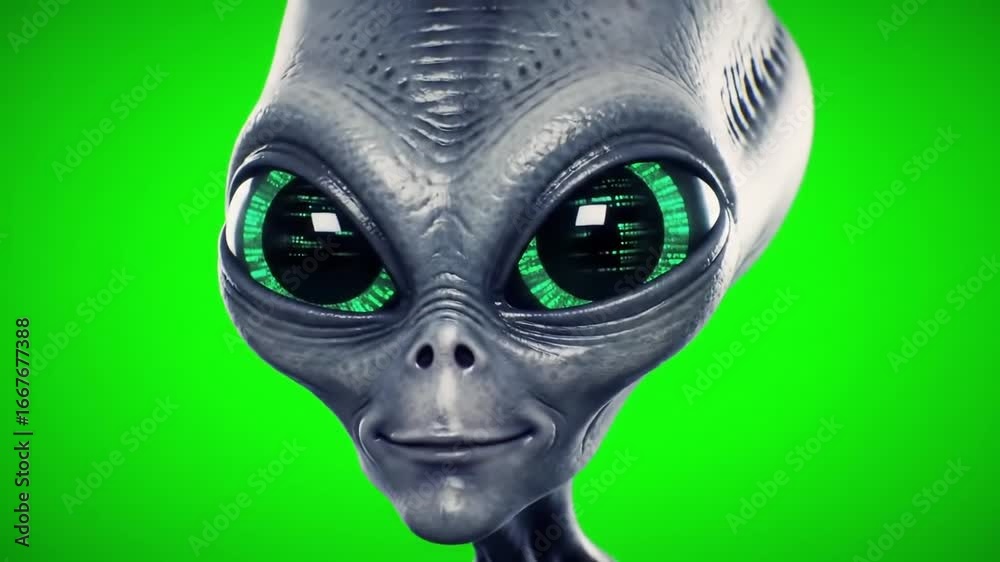 en alien with large glowing eyes points finger to funny green screen ...