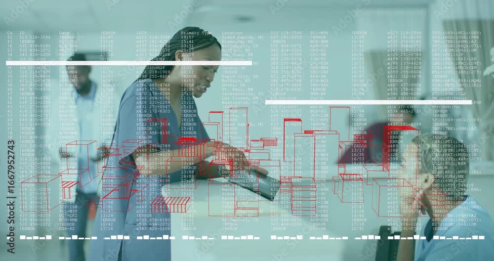 Nurse greeting patient at hospital desk opening tablet, showing 3D ...
